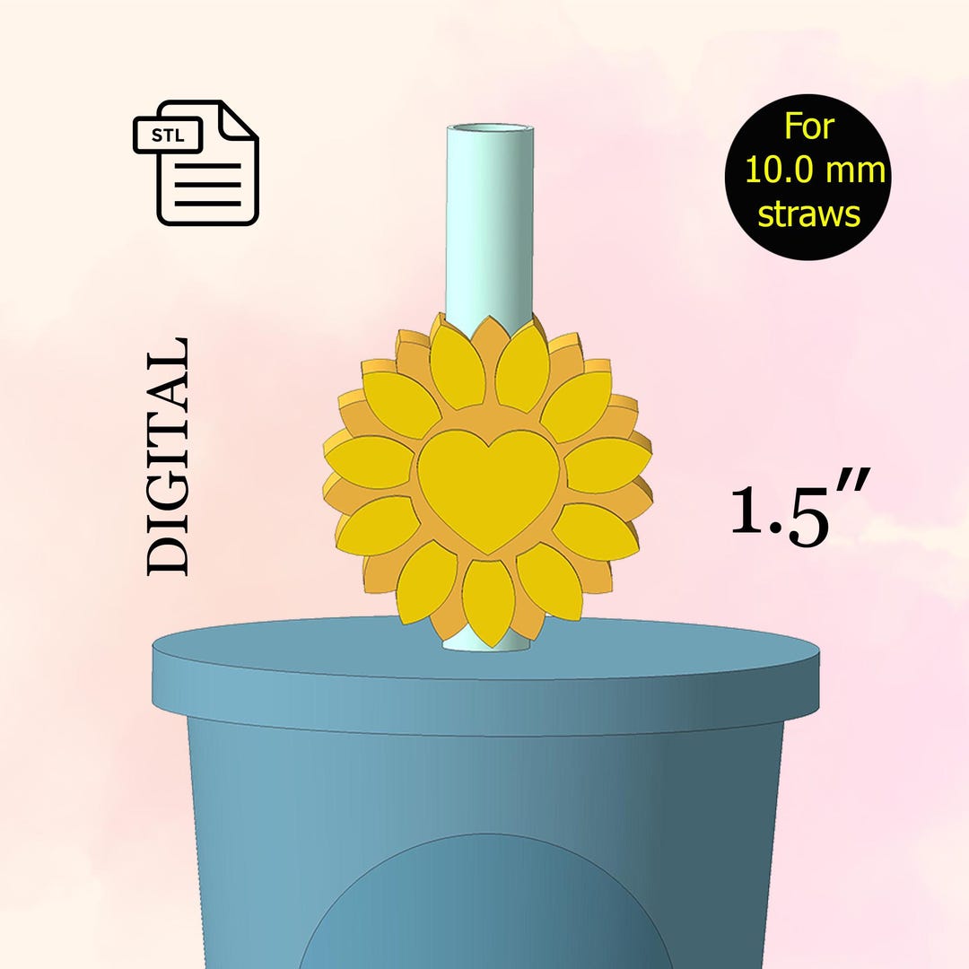 Sunflower With a Heart, Straw Topper STL File for 3D Printing, 30 OZ ...
