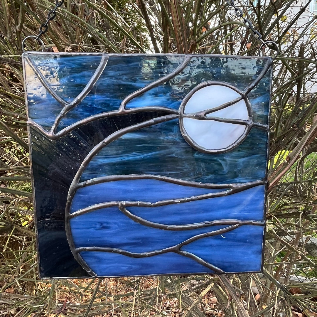 Stained Glass Full Moon Suncatcher Panel-contemporary Winter Landscape ...