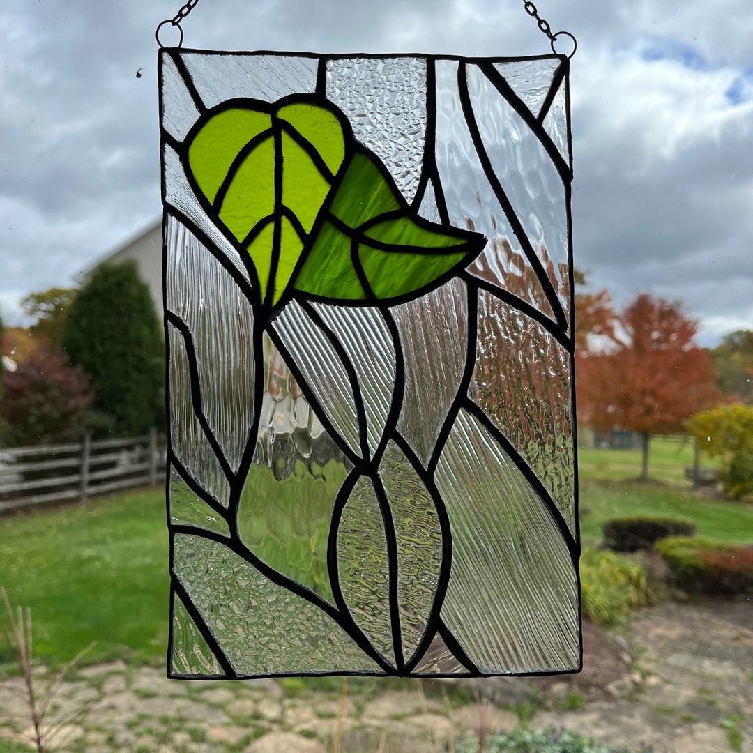 Stained Glass Green Leaf Suncatcher Clear Panel-wedding Anniversary ...