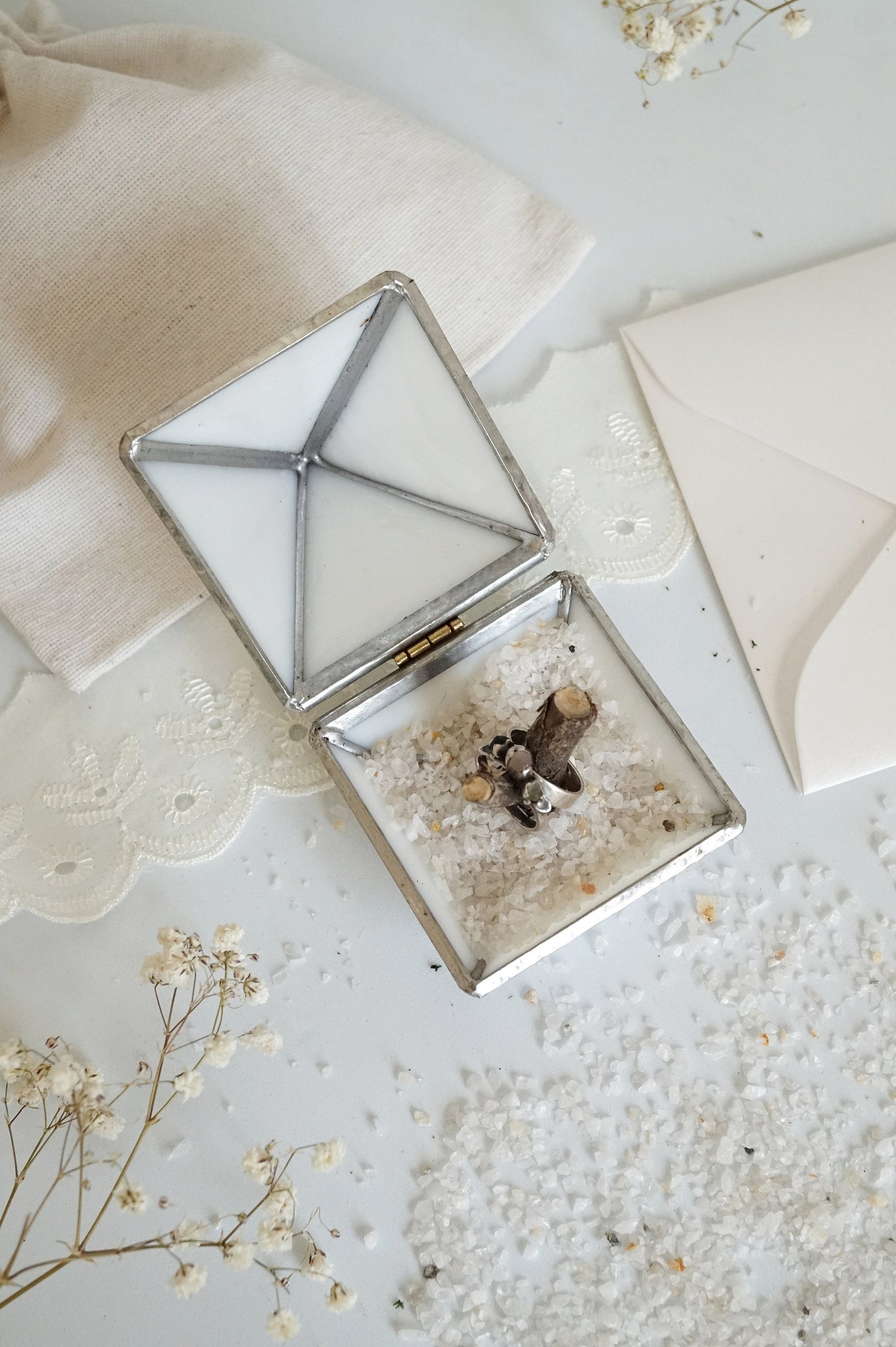 Glass Geometric Ring Box, Wedding Engagement, Moss & Pebble Fill - Etsy