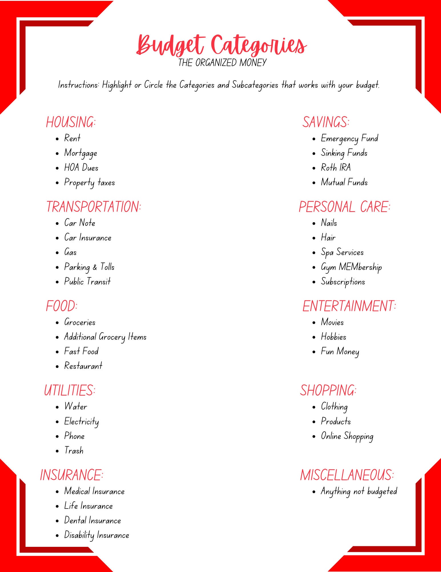 Budget Categories Checklist - Etsy