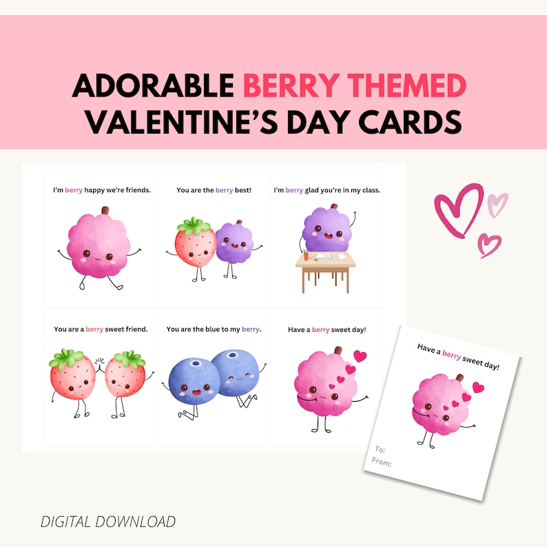 Adorable Printable Berry Themed Valentine's Day Cards for Children ...