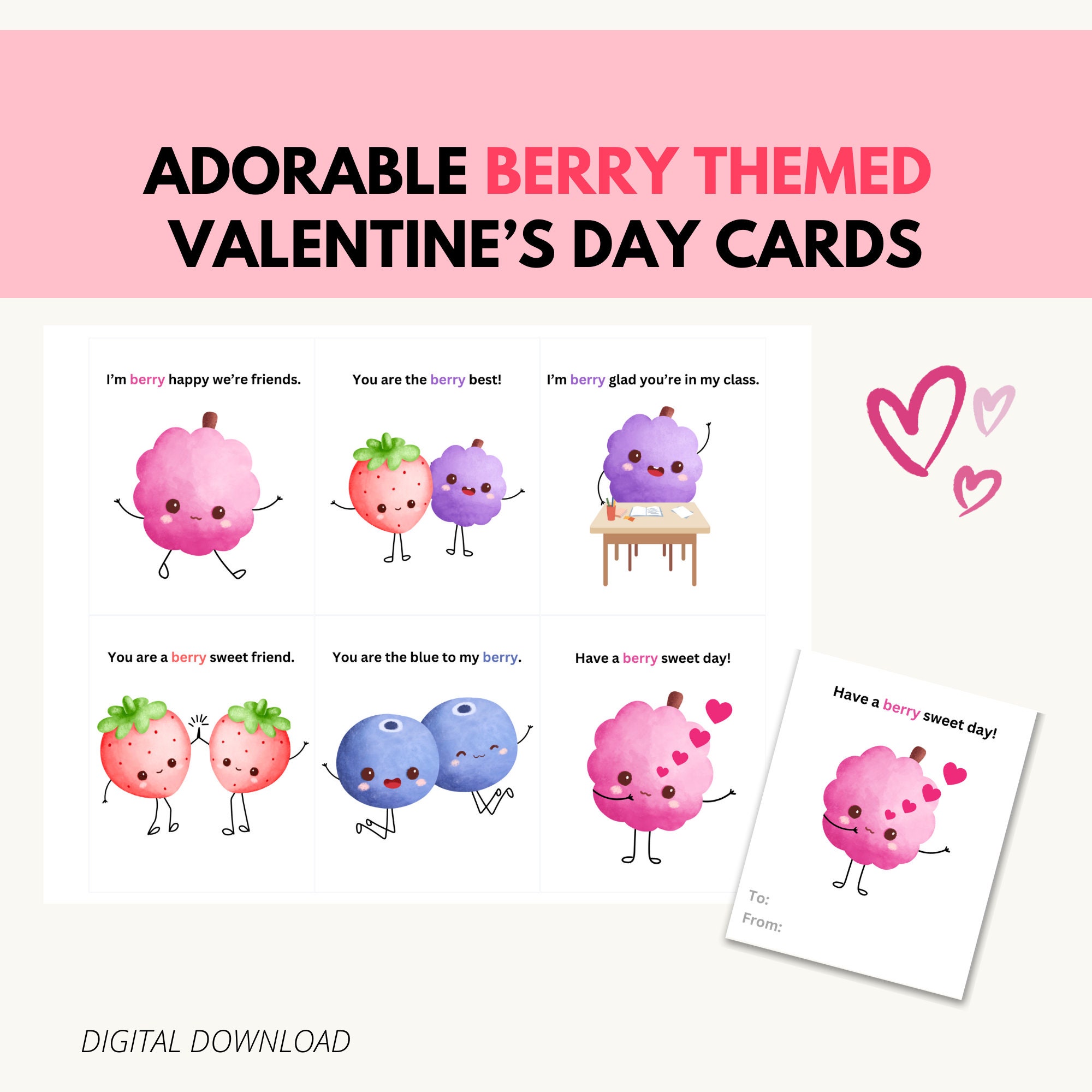 Adorable Printable Berry Themed Valentine's Day Cards for Children ...