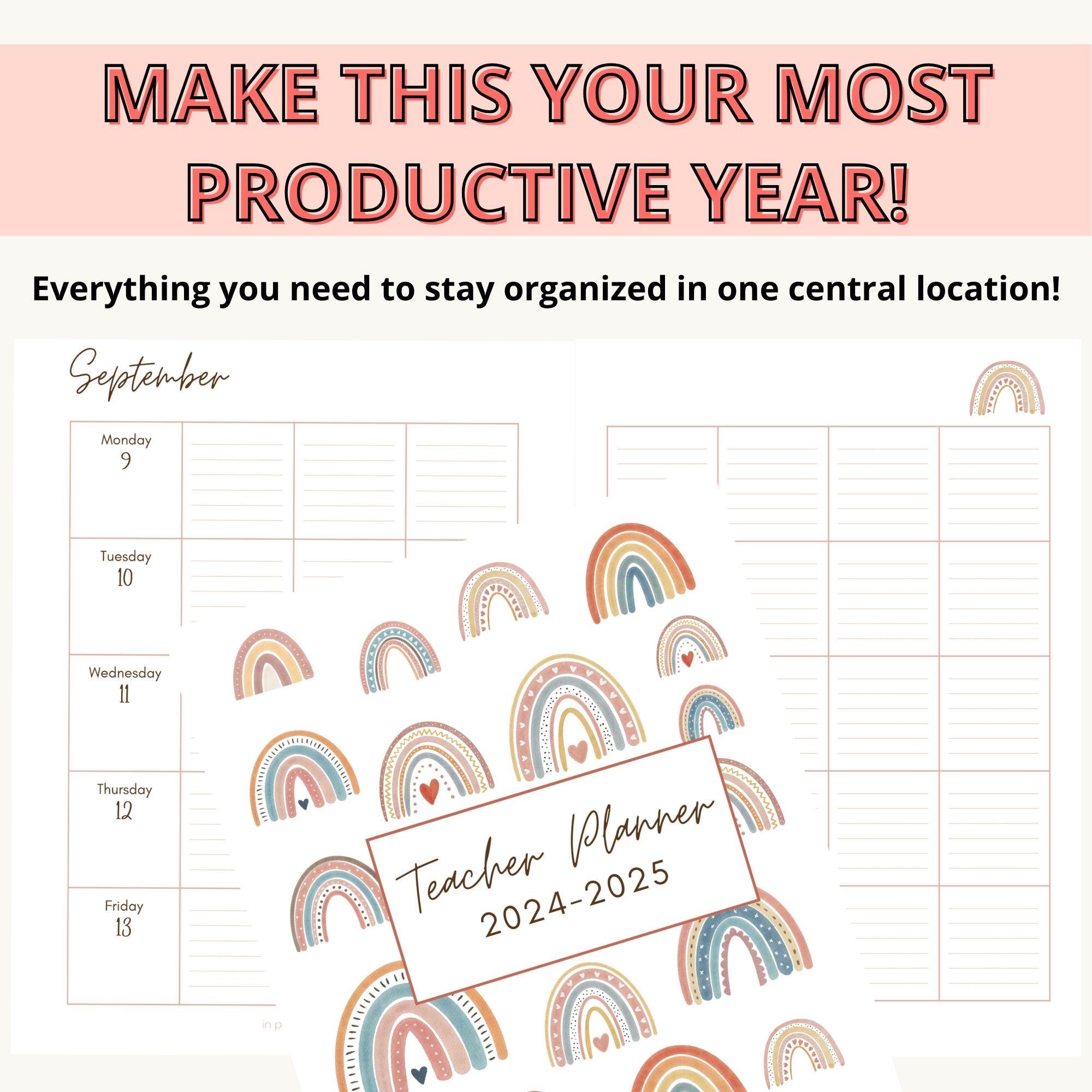2024-2025 Boho Pink Rainbow Printable Teacher Planner/8.5 X 11 Letter ...
