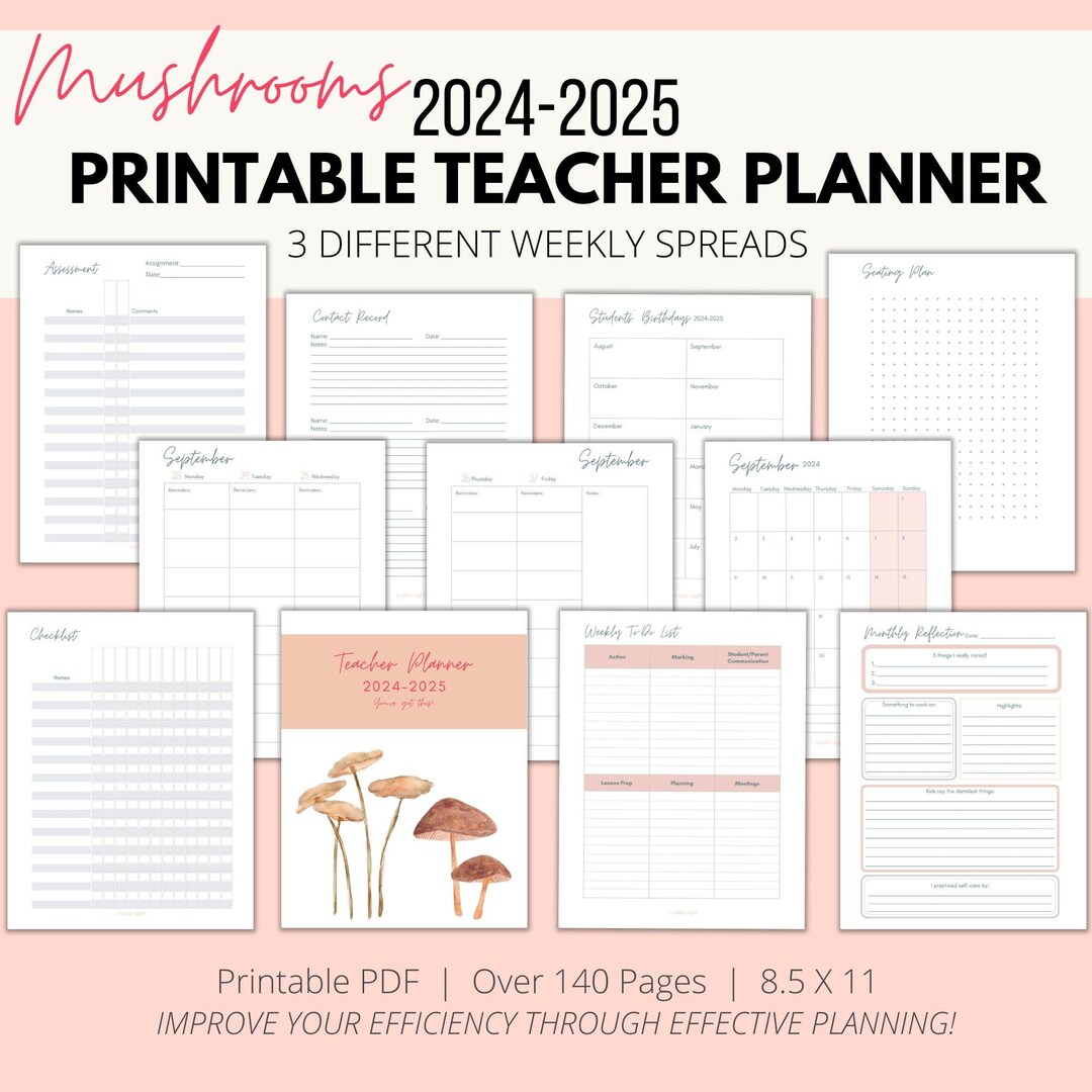 2024-2025 Mushroom Printable Teacher Planner/8.5 X 11 Letter Size/3 ...
