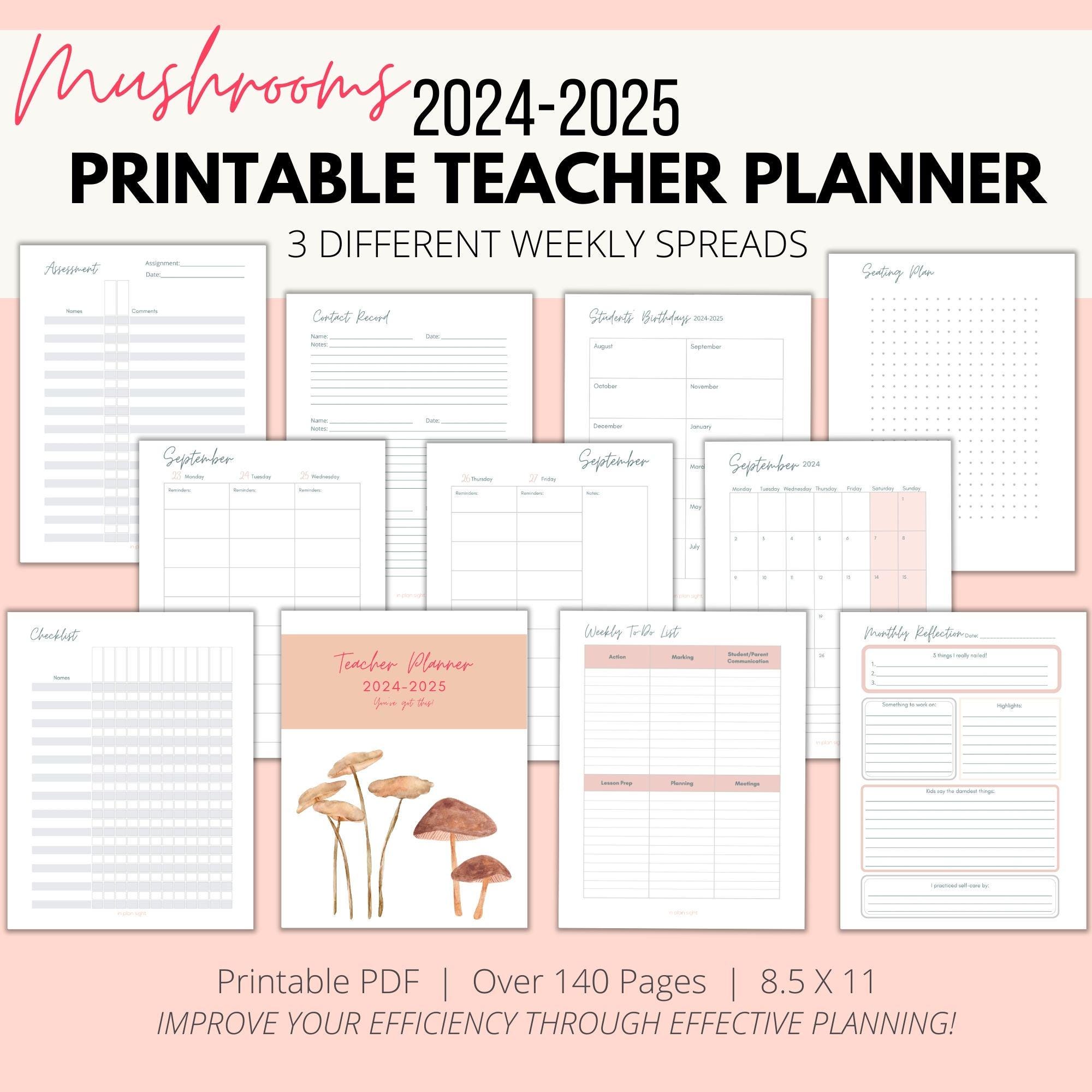 2024-2025 Mushroom Printable Teacher Planner/8.5 X 11 Letter Size/3 ...