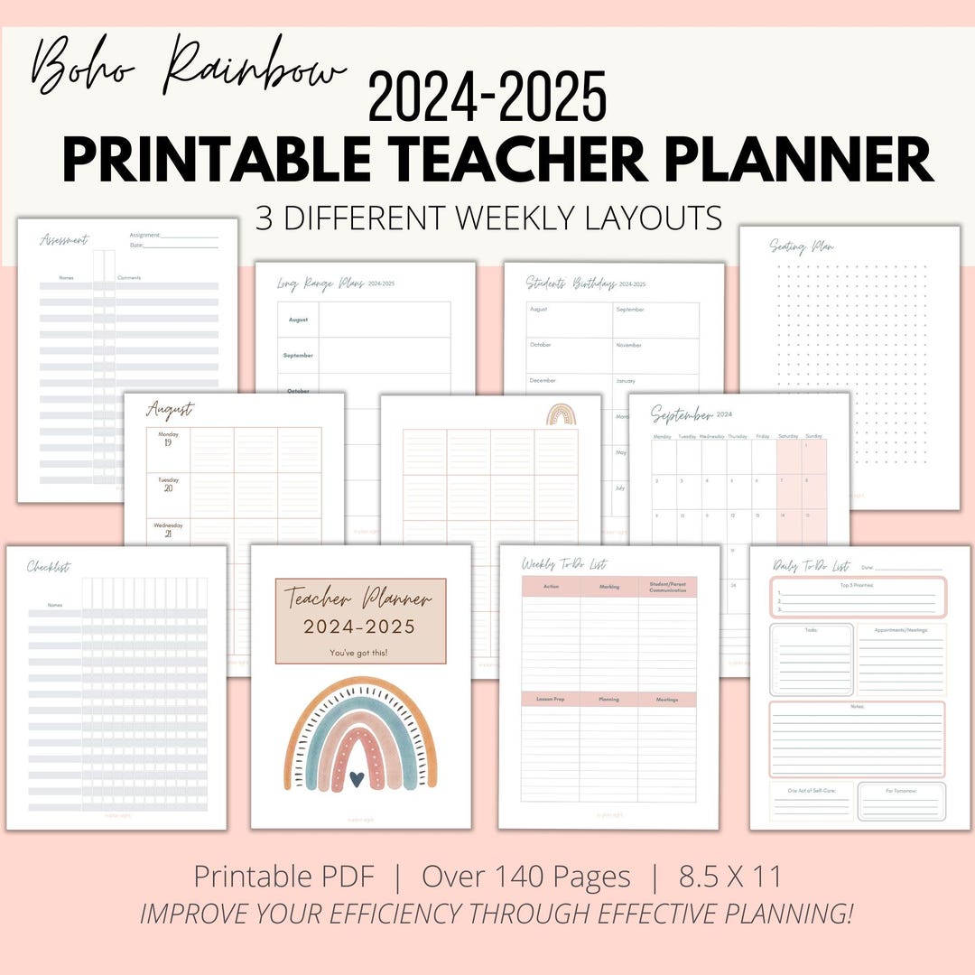 2024-2025 Boho Pink Rainbow Printable Teacher Planner/8.5 X 11 Letter ...