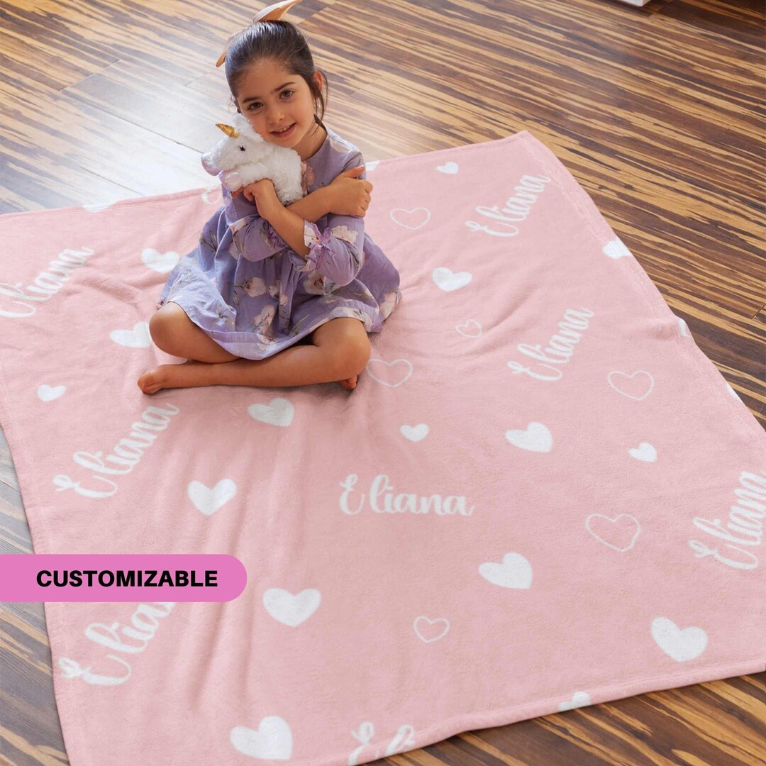 Personalized Pink Heart Blanket for Kids, Cute Custom Name Blanket for ...
