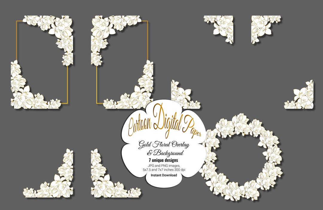 5x7 Gold Floral Overlays for Invitations, Planners, Journal Pages ...