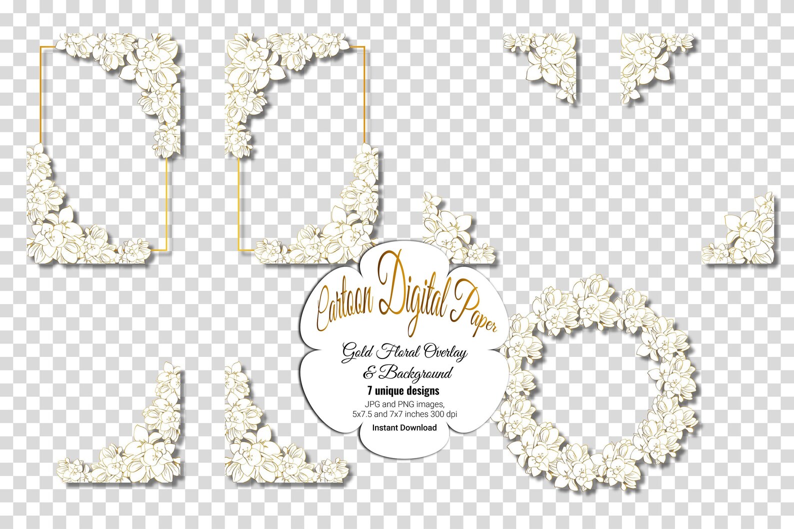 5x7 Gold Floral Overlays for Invitations, Planners, Journal Pages ...