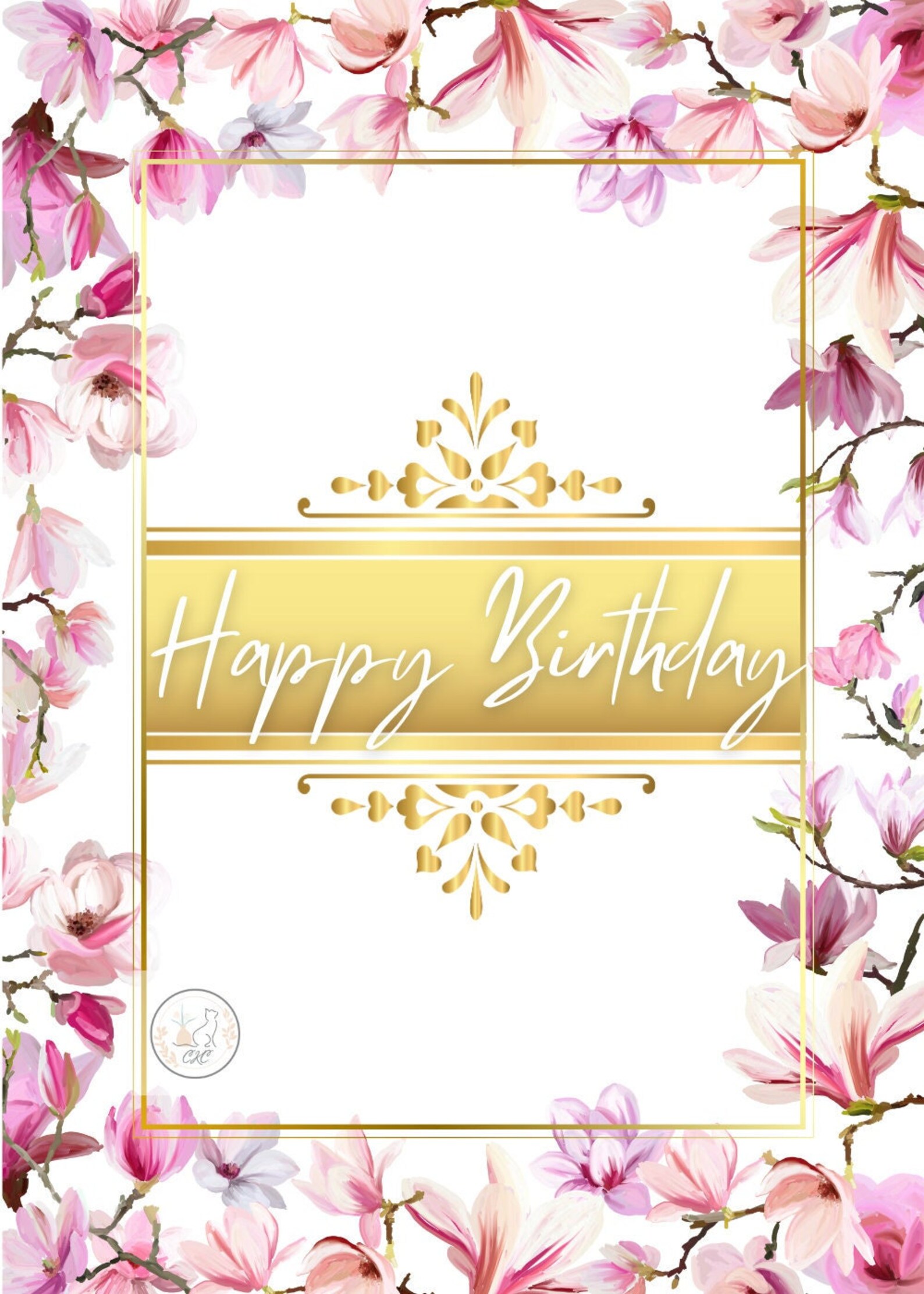 Pink Flower Birthday Card, Pink and Gold Birthday Card, Floral and Gold ...