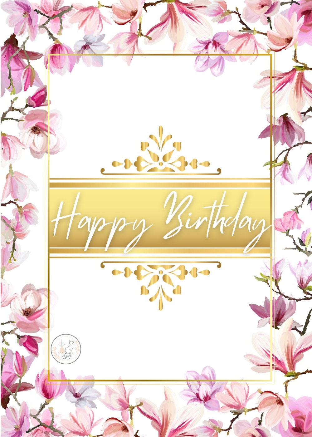 Pink Flower Birthday Card, Pink and Gold Birthday Card, Floral and Gold ...