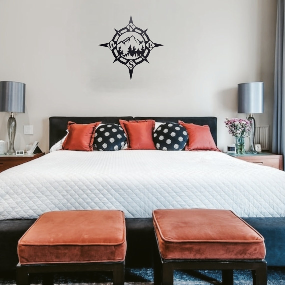 Mountain Scene Compass Rose Metal Sign Rustic Home Décor Adventure Wall ...