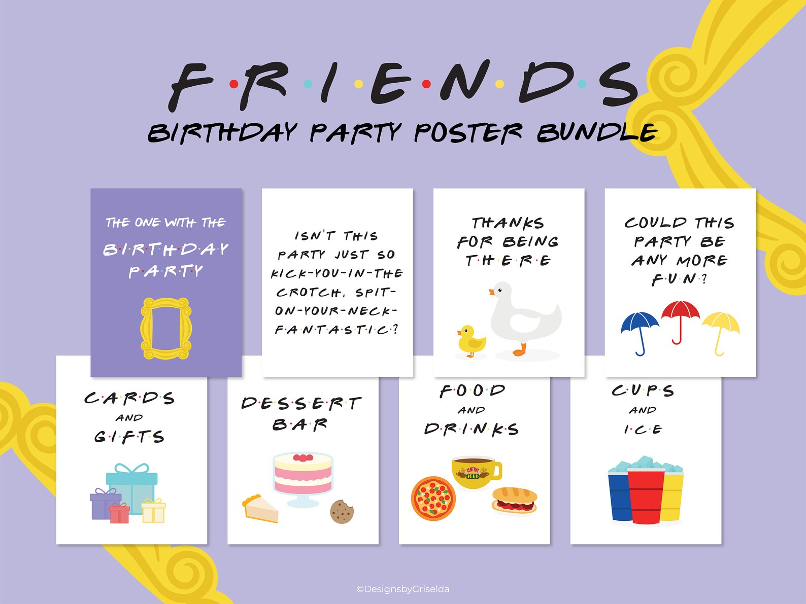 Friends Theme Birthday Party Poster Decorations Printables 8 Cards ...