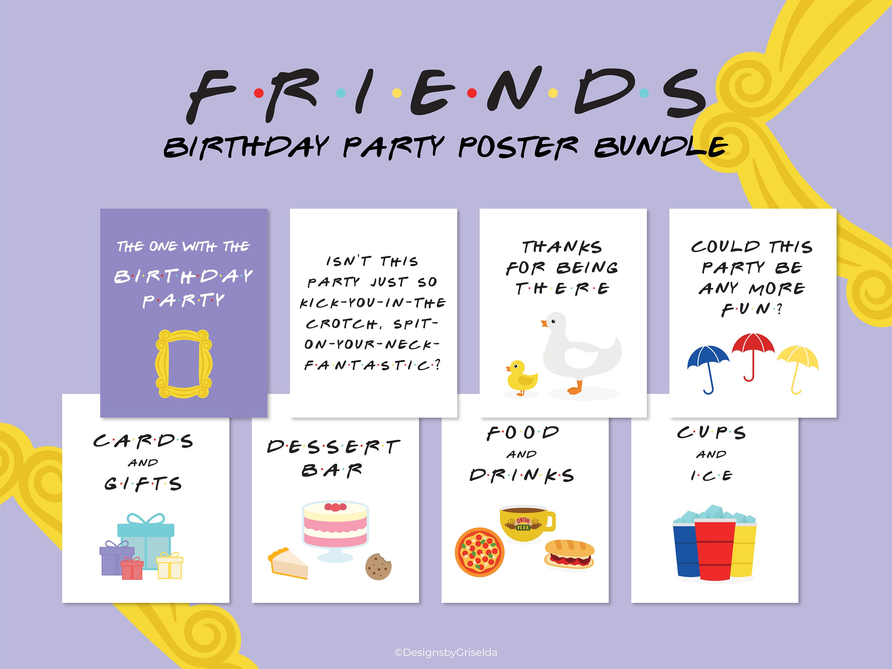 Friends Theme Birthday Party Poster Decorations Printables 8 Cards ...