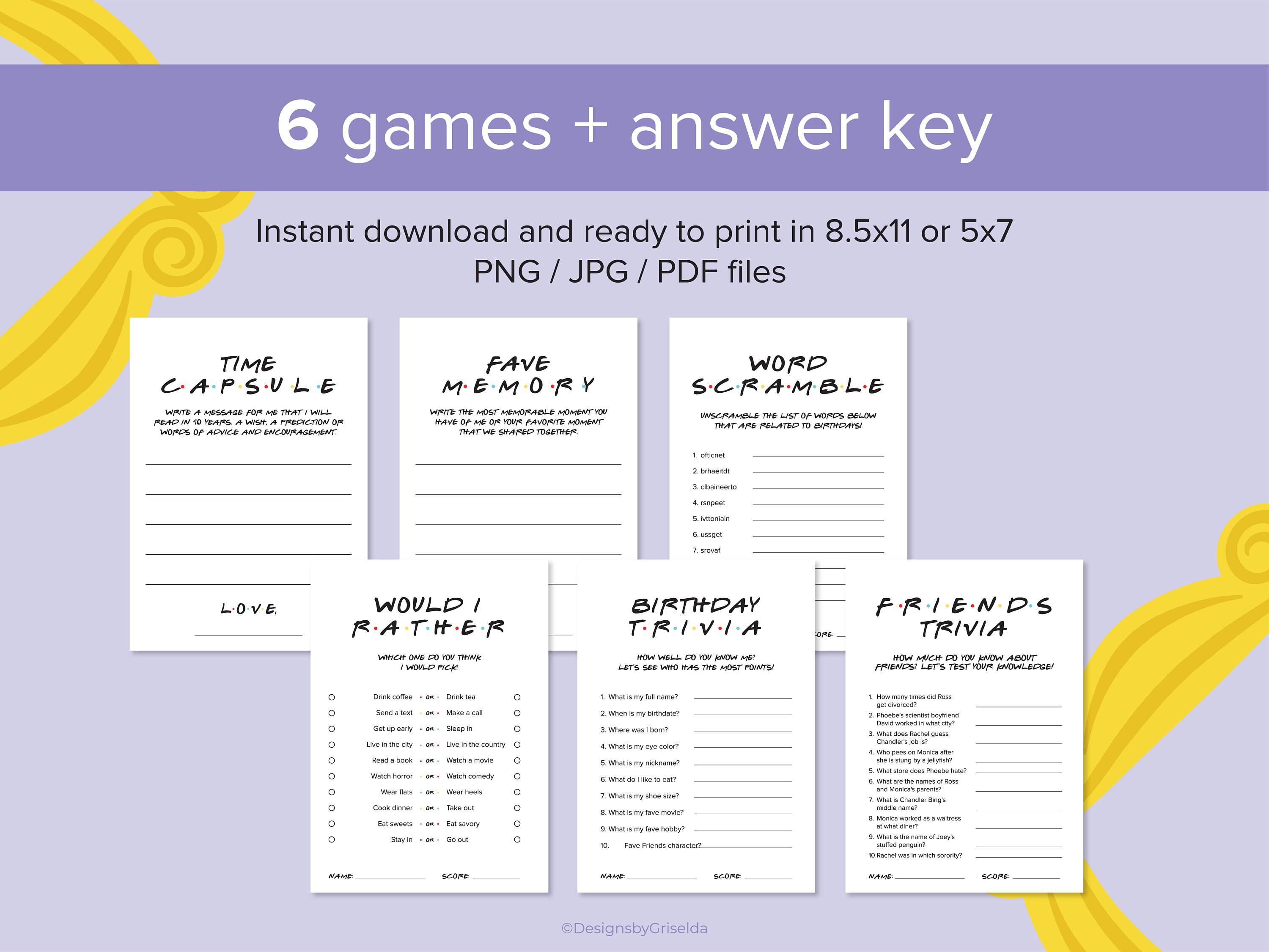 Friends Theme Birthday Party Game and Poster Decoration Printables 14 ...