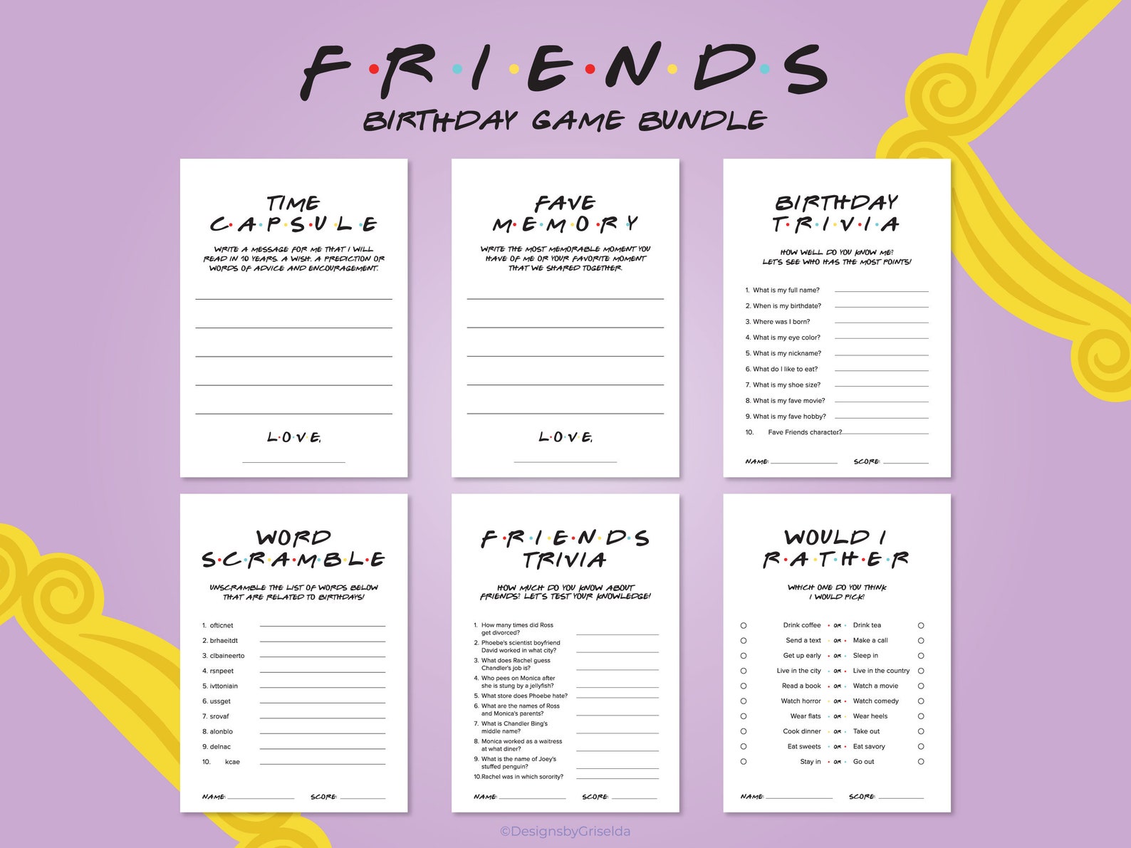 Friends Theme Birthday Party Game Printables Instant Download - Etsy