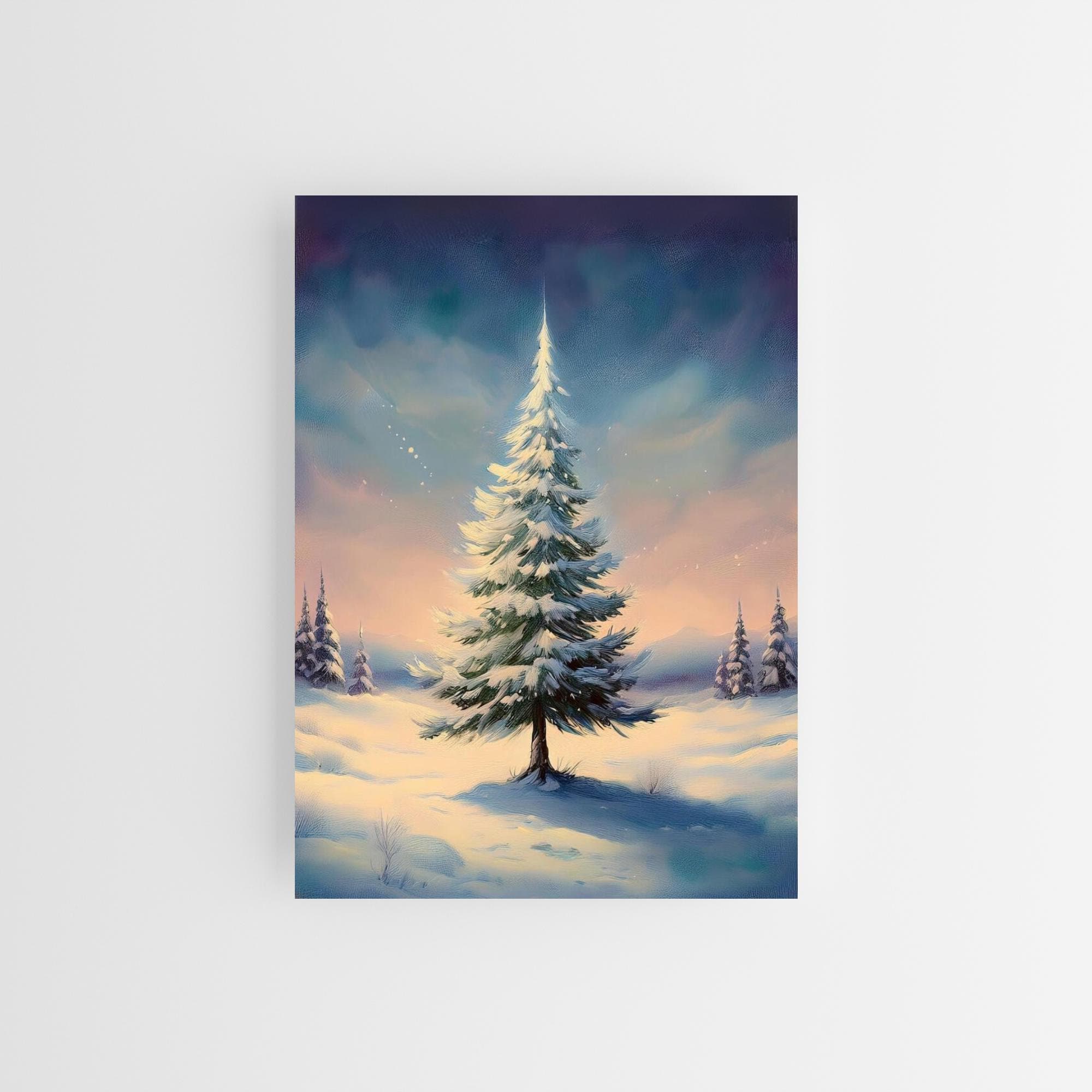 Vintage Snowy Forest Christmas Tree Painting - Rustic Winter Art ...