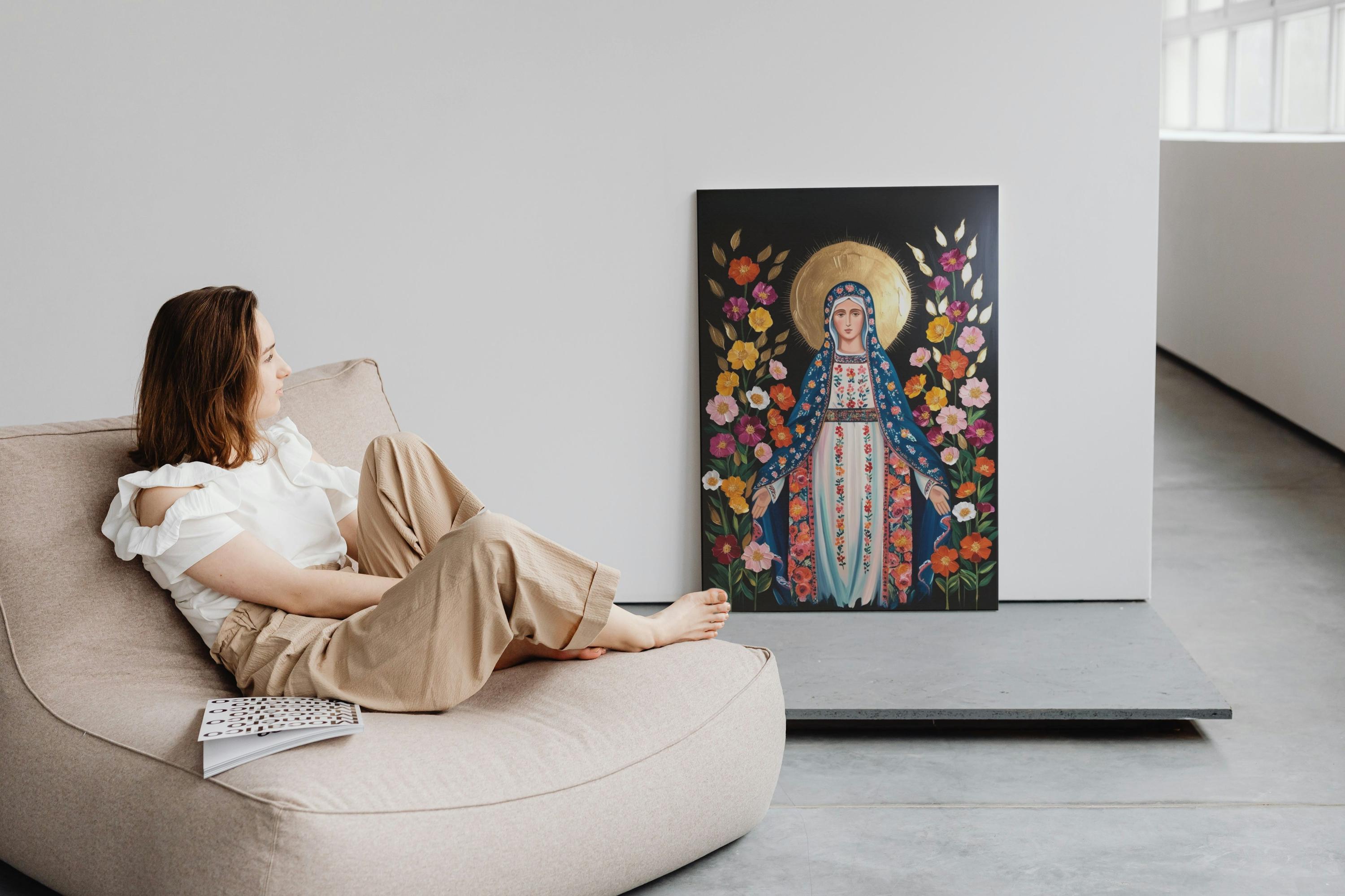 Blessed Mother Mary Boho Blessing Art Print Vibrant Floral, Divine Gold ...