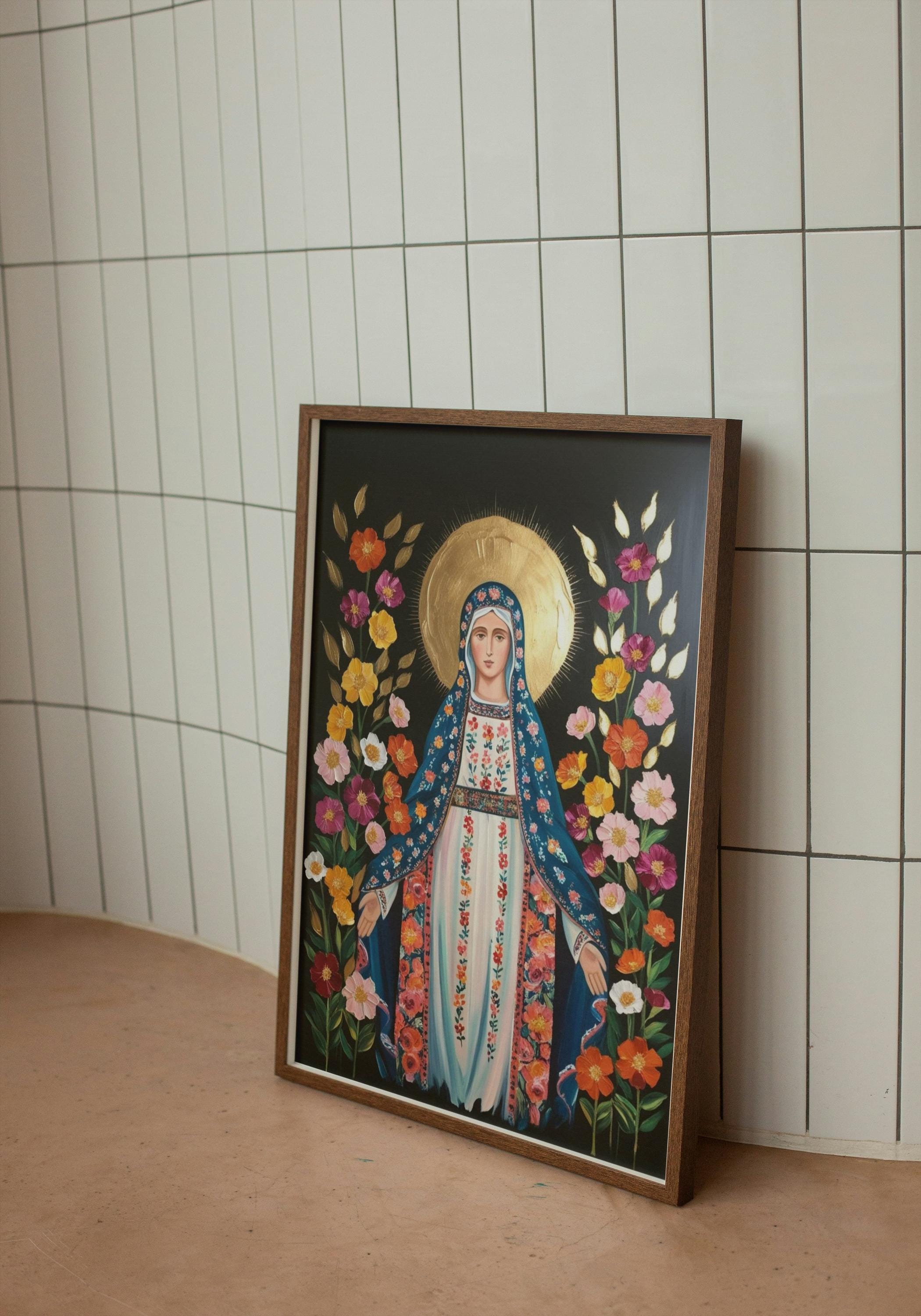 Blessed Mother Mary Boho Blessing Art Print - Vibrant Floral, Divine ...