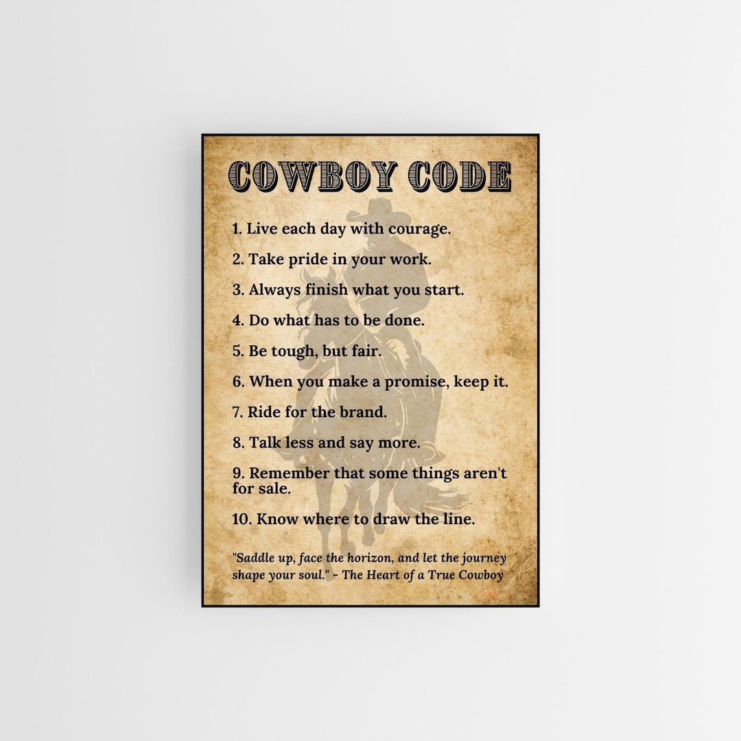 Vintage Cowboy Code Poster - Western Decor, Rustic Wall Art, Country ...