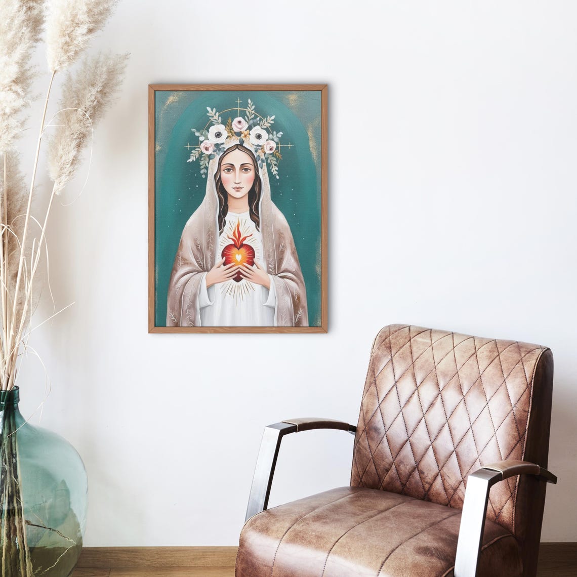 Boho Sacred Heart Mary Printable Art, Floral Crown Virgin Mary Wall ...