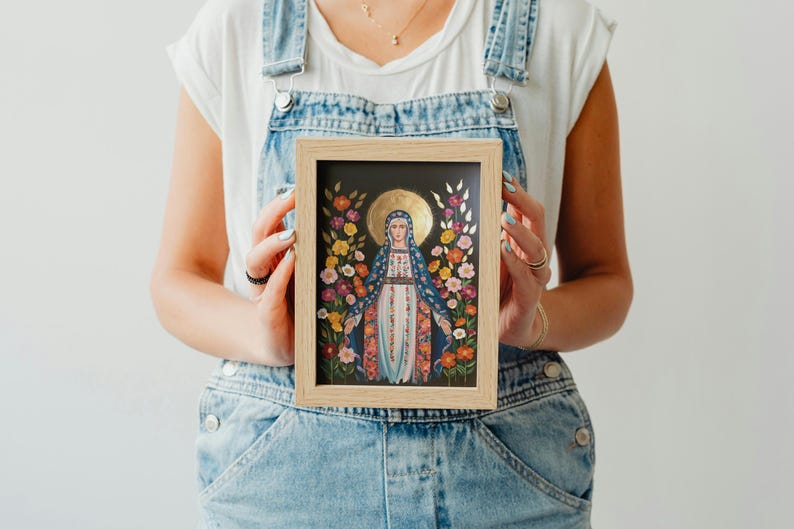Blessed Mother Mary Boho Blessing Art Print Vibrant Floral, Divine Gold ...