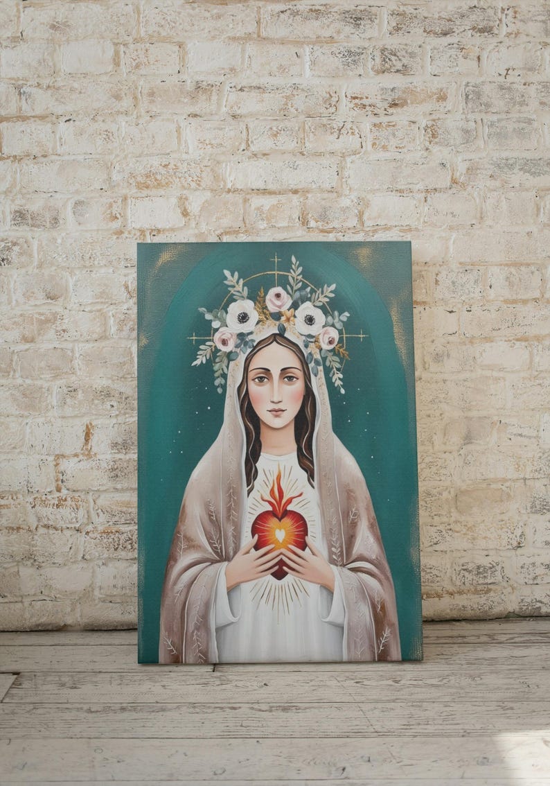 Boho Sacred Heart Mary Printable Art, Floral Crown Virgin Mary Wall ...
