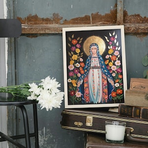 Blessed Mother Mary Boho Blessing Art Print - Vibrant Floral, Divine ...