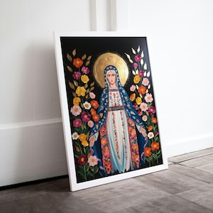Blessed Mother Mary Boho Blessing Art Print - Vibrant Floral, Divine ...