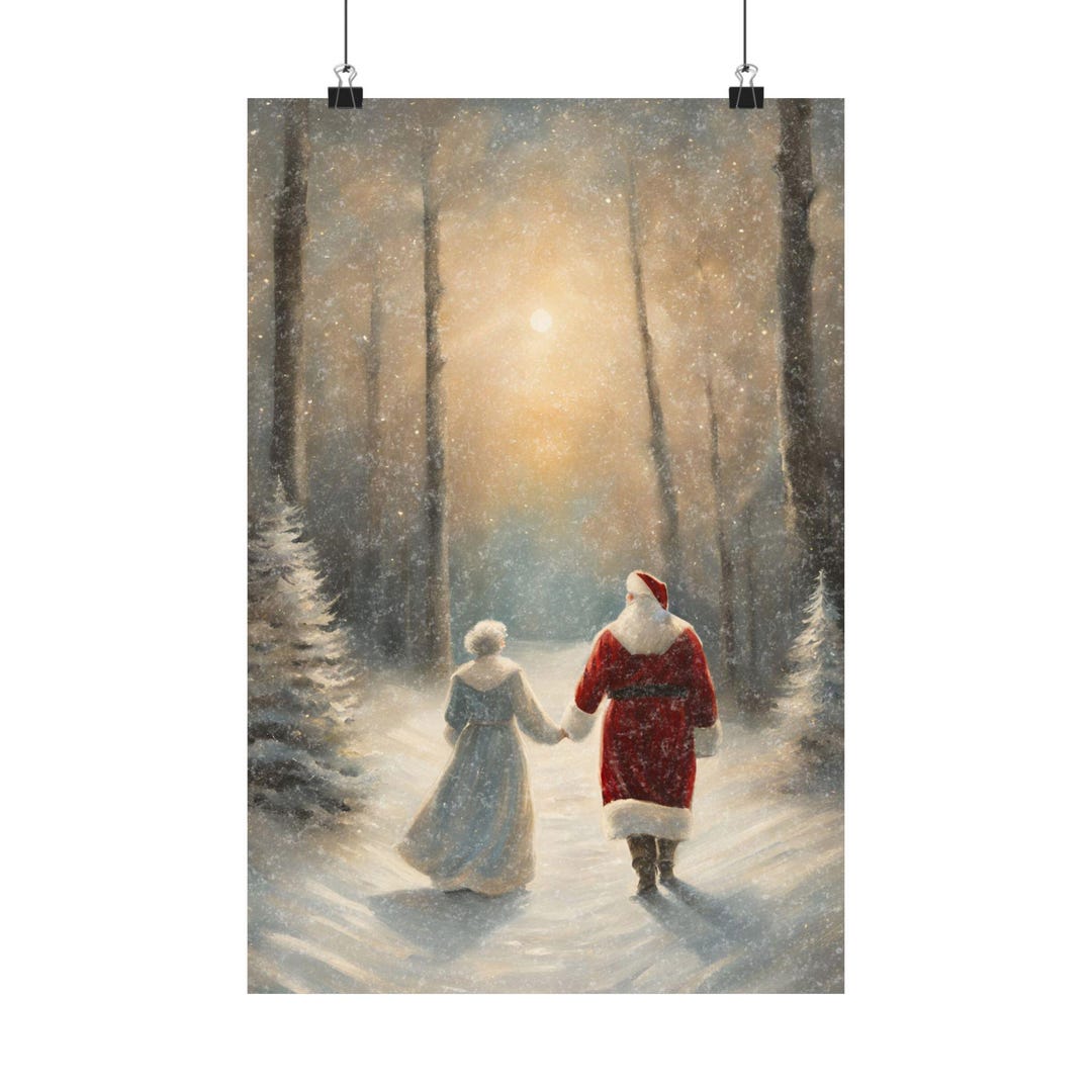 Vintage Santa Wall Art - Whimsical Mr. & Mrs. Claus in Sparkling Snowy ...