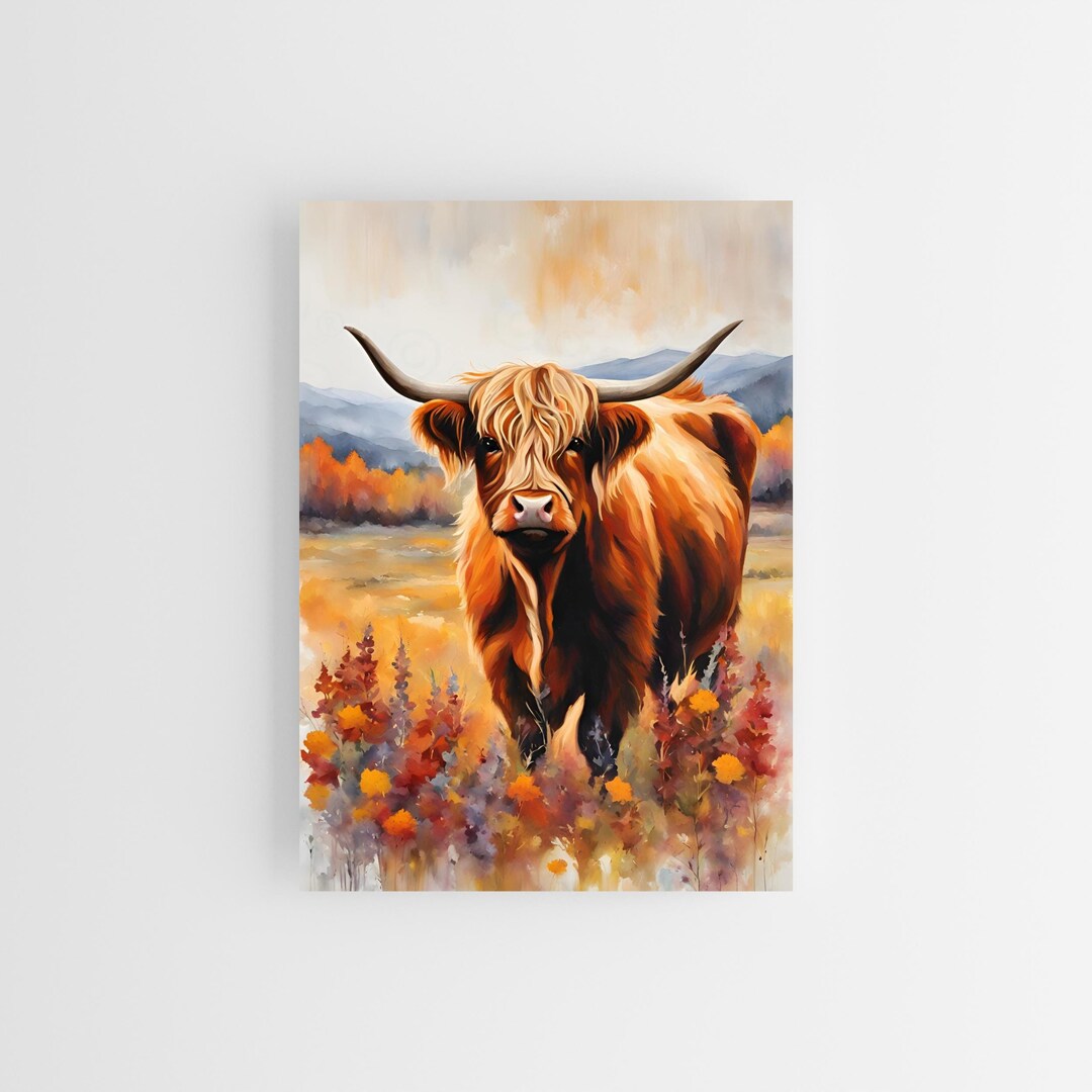 Highland Cow Wall Art Fall Wildflowers & Autumn Wall Art Digital ...
