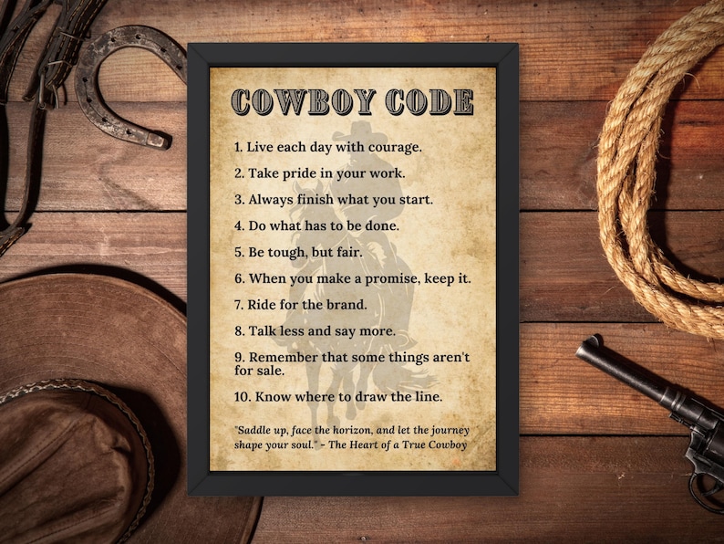 Vintage Cowboy Code Poster - Western Decor, Rustic Wall Art, Country ...