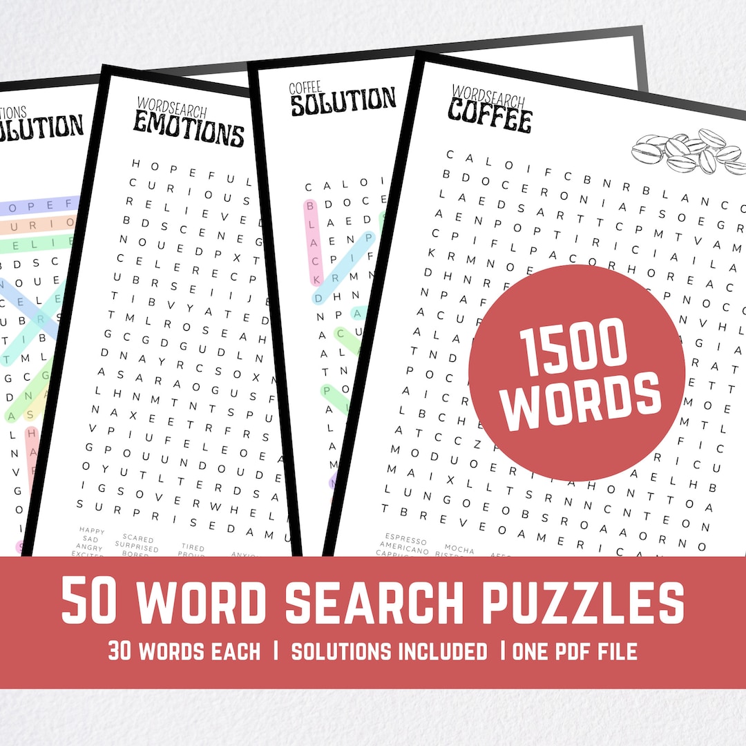 50 Printable Word Search Puzzles With Solutions | Large Font PDF | Fun ...