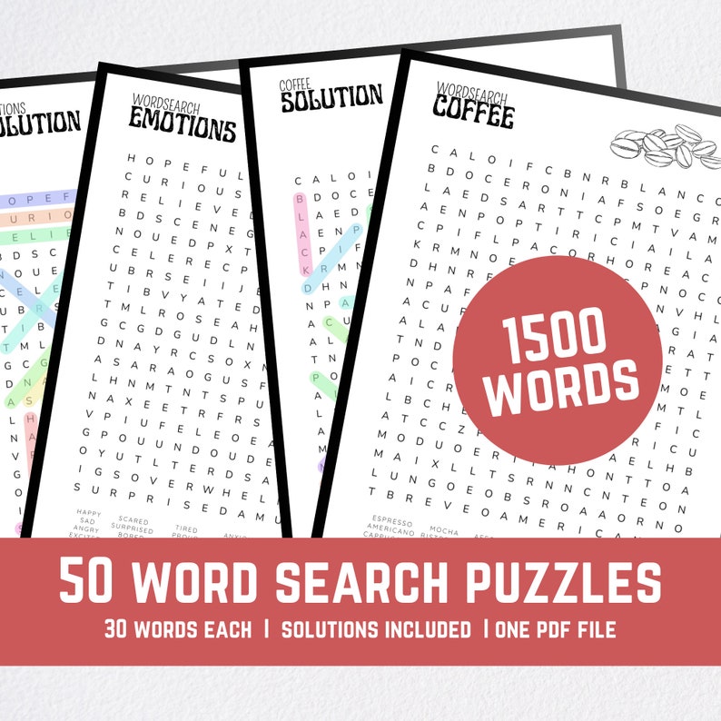 50 Printable Word Search Puzzles With Solutions | Large Font PDF | Fun ...