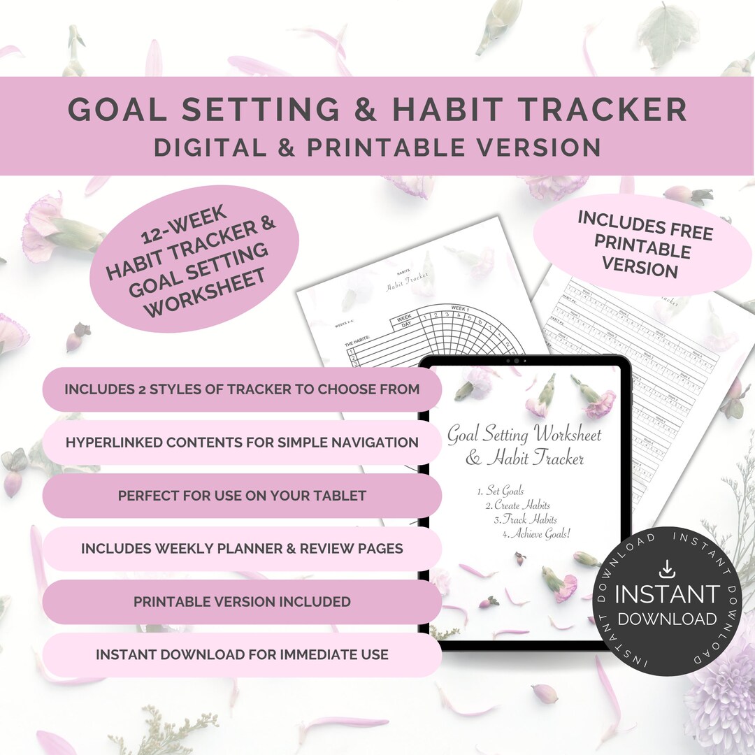 12 Week Habit Tracker Pink Flower Design. Goal Setting, Digital ...