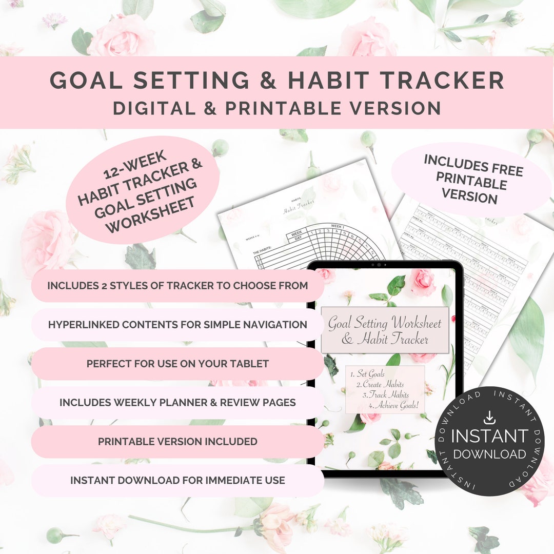 12 Week Habit Tracker Pink Roses Design, Goal Setting, Digital ...