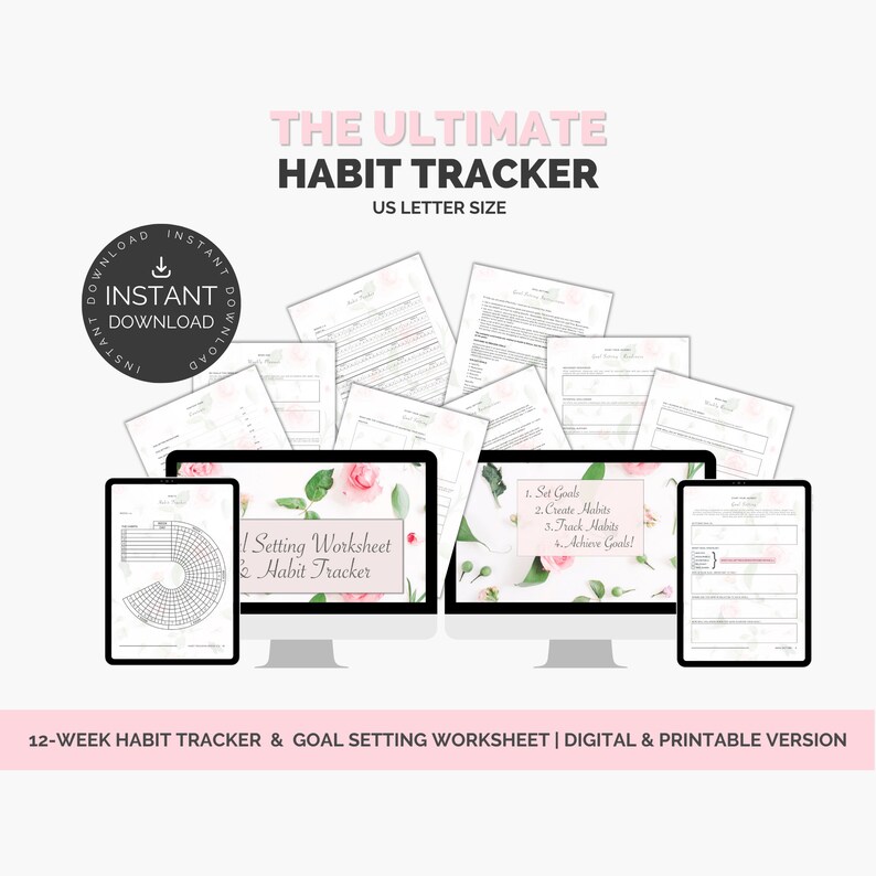 12 Week Habit Tracker Pink Roses Design, Goal Setting, Digital ...