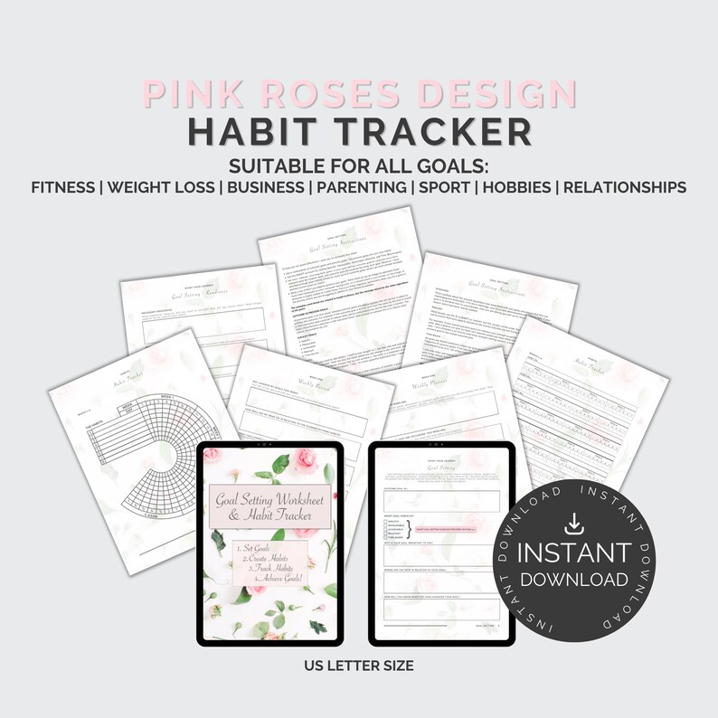 12 Week Habit Tracker Pink Roses Design, Goal Setting, Digital ...