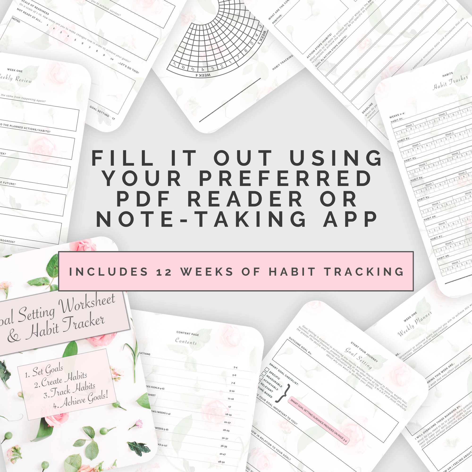 12 Week Habit Tracker Pink Roses Design, Goal Setting, Digital ...