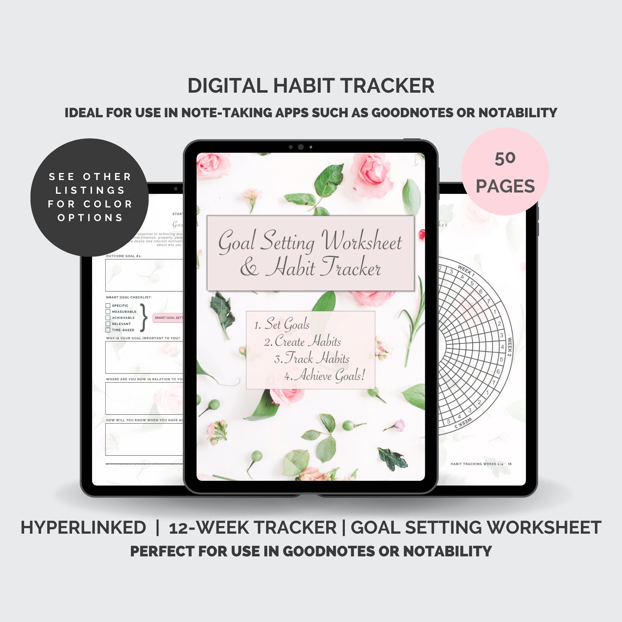 12 Week Habit Tracker Pink Roses Design, Goal Setting, Digital ...