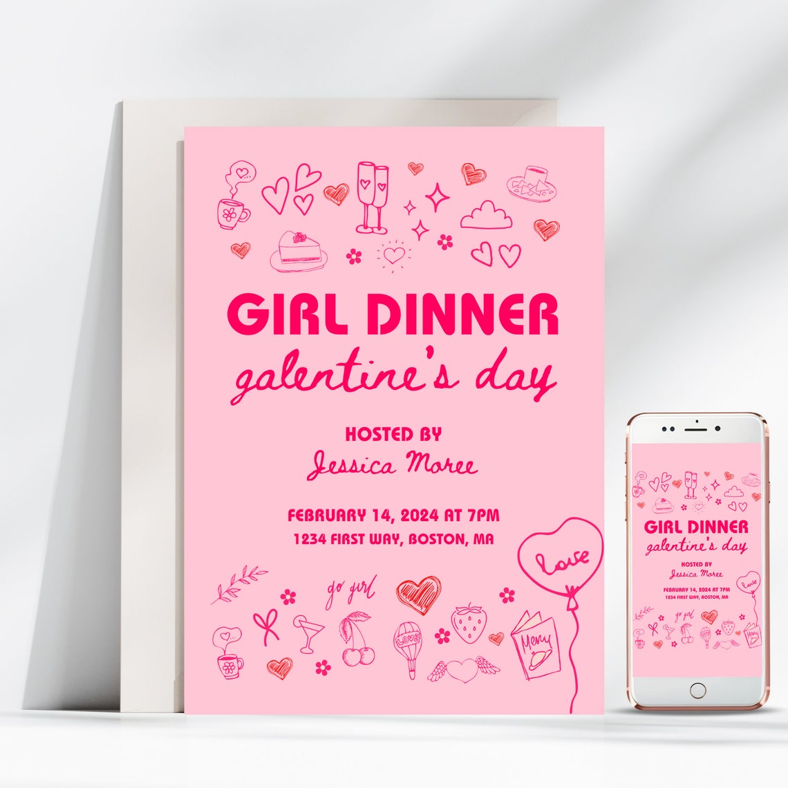 Girl Dinner Galentines Day Invite and Evite Template, Galentine ...
