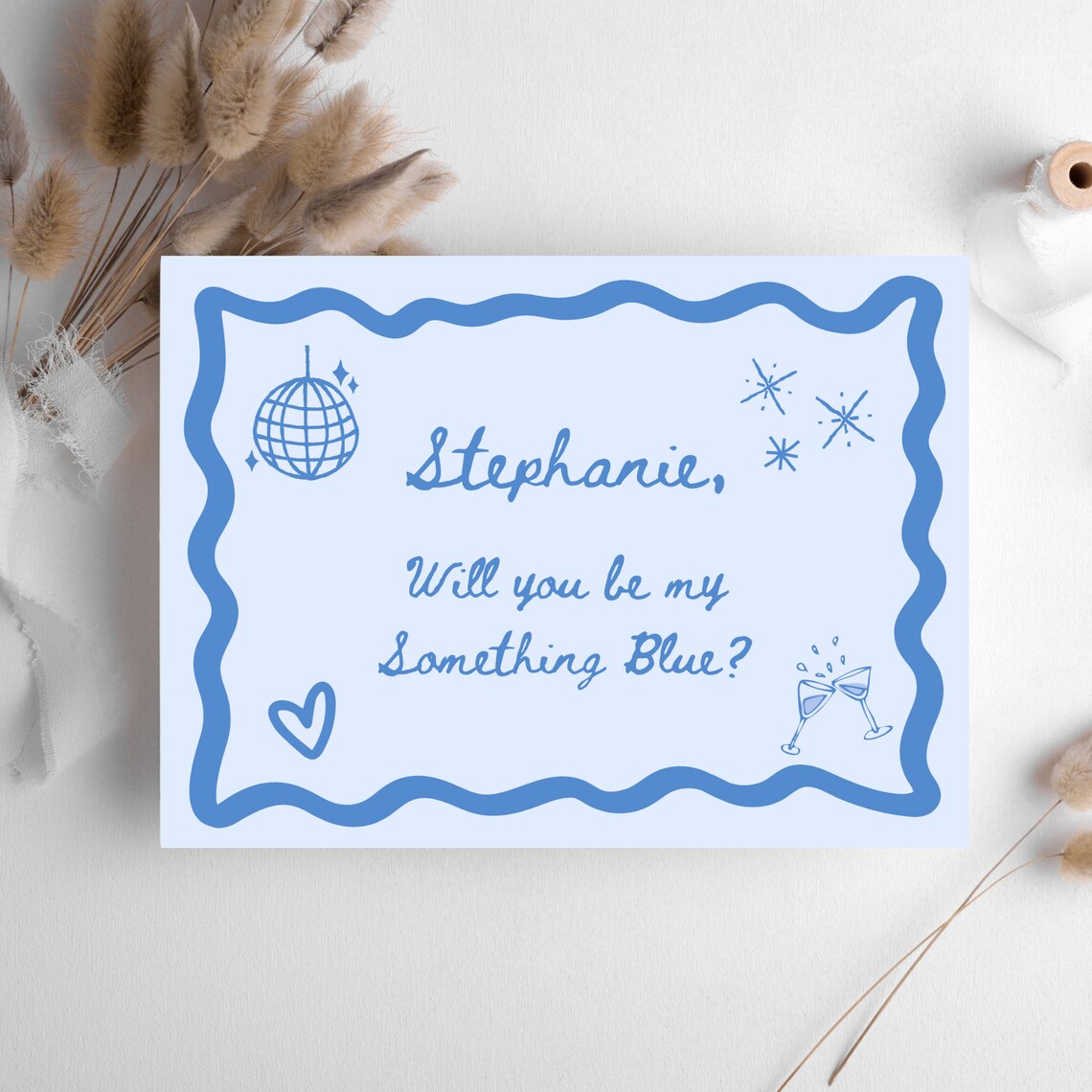 Something Blue Proposal Card, Hand Drawn Style Wavy Border Doodles ...