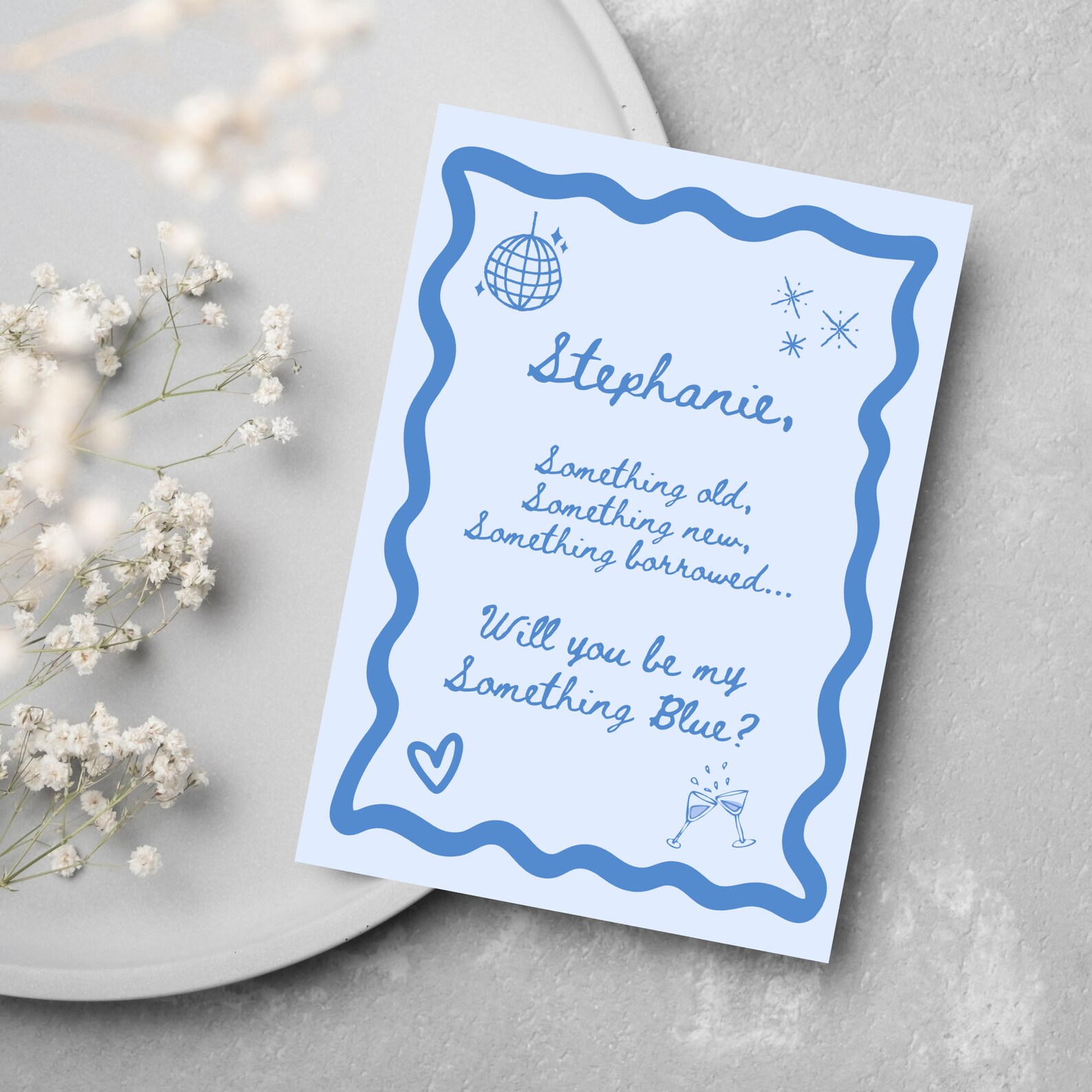 Something Blue Proposal Card, Hand Drawn Style Wavy Border Doodles ...