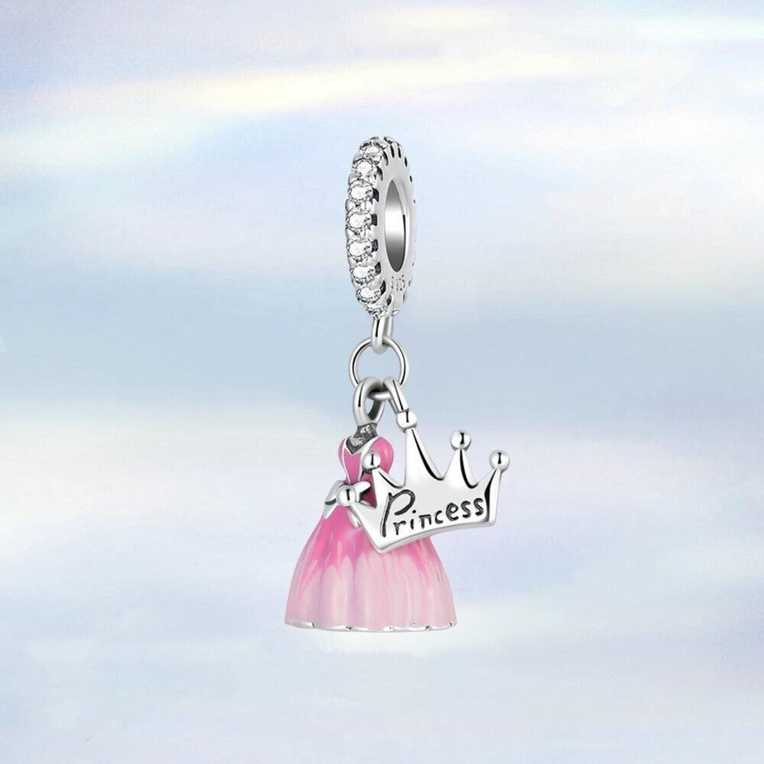 Pink Princess Dress & Crown Dangle Charm • Genuine S925 Sterling Silver ...
