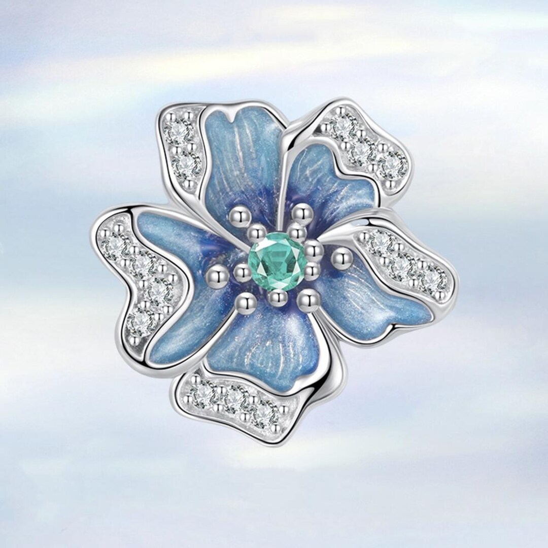 Blue Pansy Flower Spacer Charm Silicone Rubber Stopper Charm • S925 ...