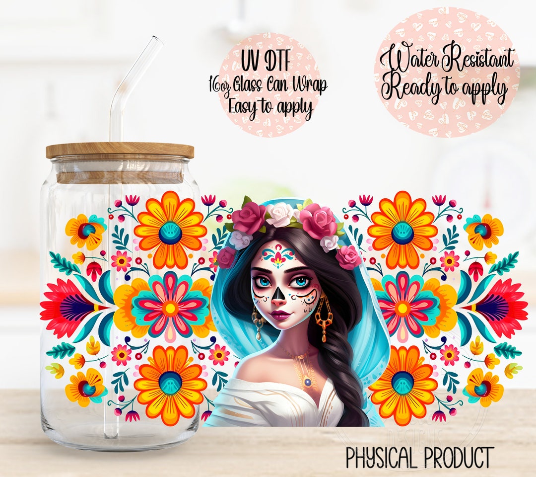 Catrina UVDTF 16oz Glass Can Wrap, Princess Catrina UVDTF Transfer, Dia ...