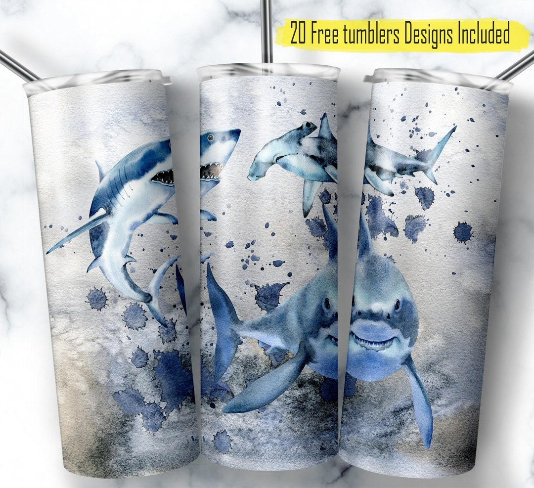 Shark Watercolor Digital Design, Shark Tumbler Wrap, Coffee Shark ...
