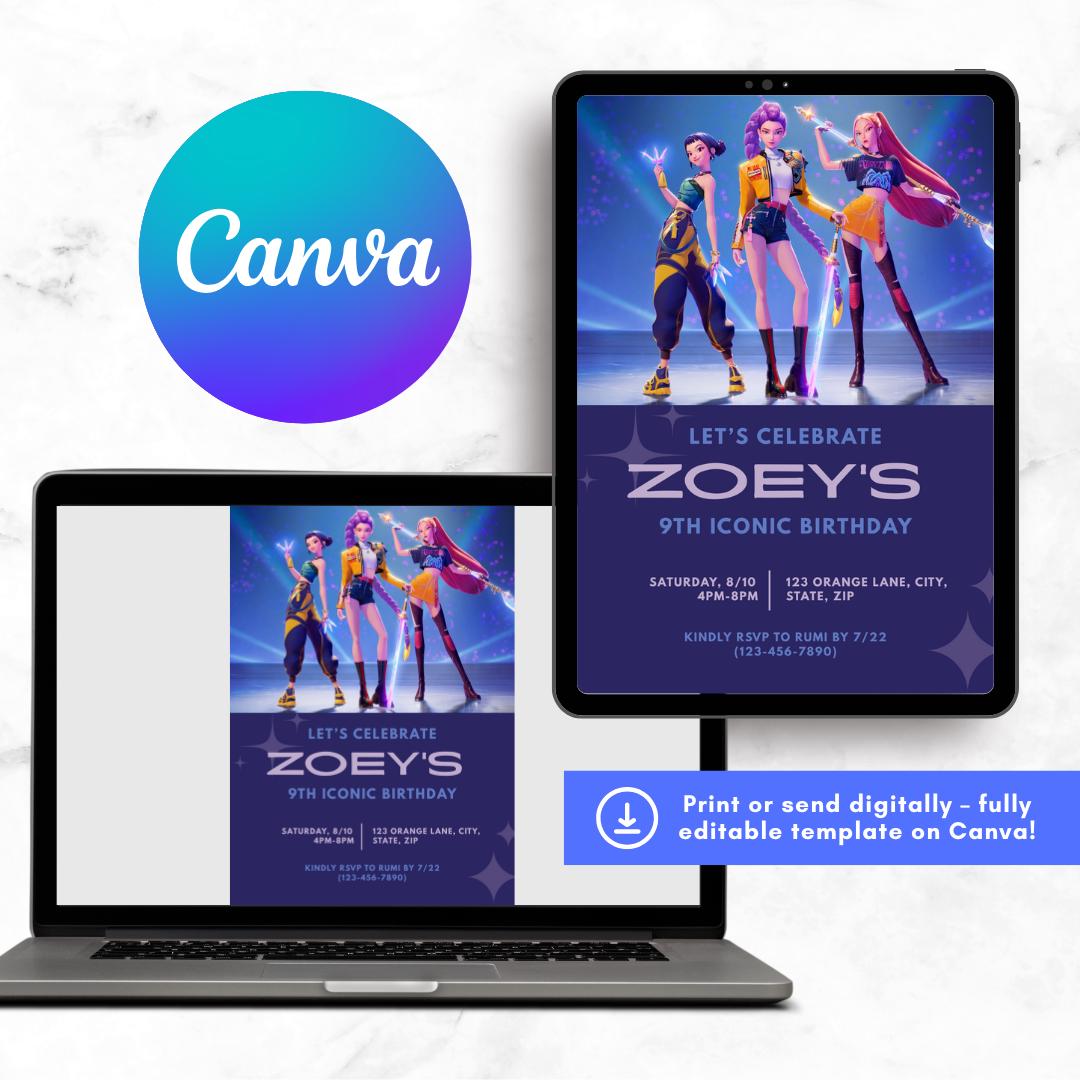 K-pop Demon Hunters Party Invitation | Editable Canva Template ...