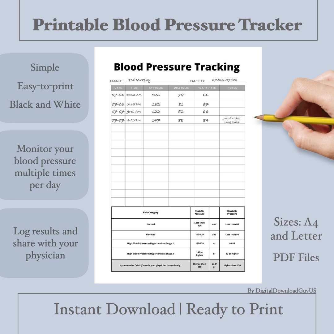 Printable BLOOD PRESSURE LOG Download Hypertension Tracking Heart Rate ...